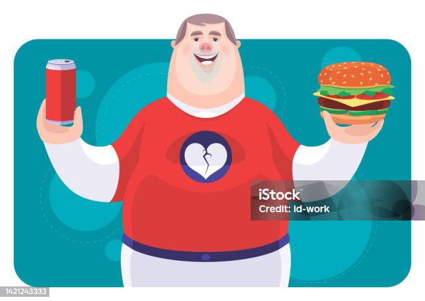 Cheerful Fat Man Holding Hamburger And Soda Can Stock Illustration