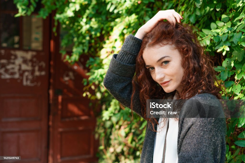 Portrait Happy Tender Ginger Girl With Blue Eyes And Freckles Looking