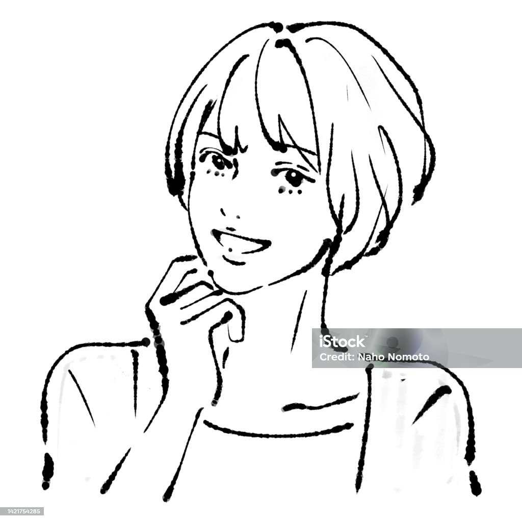 Hand Drawn Monochrome Line Drawing Illustration Of A Simple Woman Stock