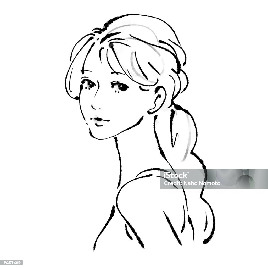 Hand Drawn Monochrome Line Drawing Illustration Of A Simple Woman Stock