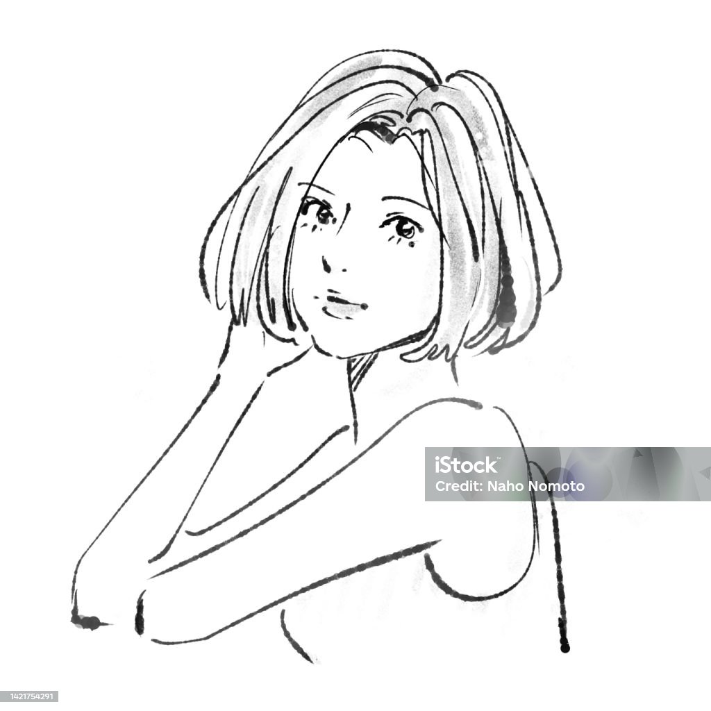 Hand Drawn Monochrome Line Drawing Illustration Of A Simple Woman Stock