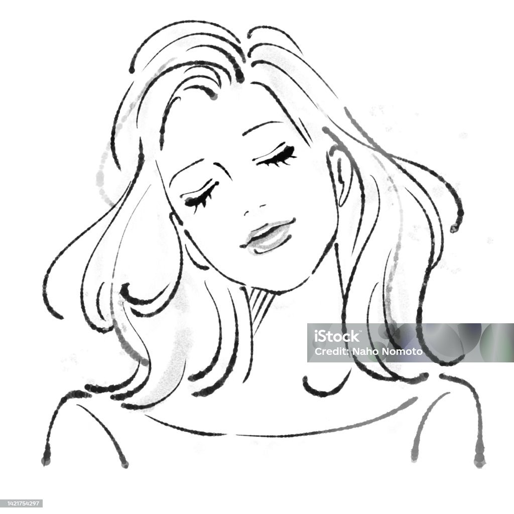 Hand Drawn Monochrome Line Drawing Illustration Of A Simple Woman Stock