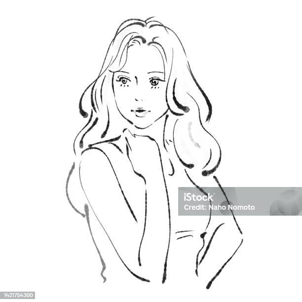 Hand Drawn Monochrome Line Drawing Illustration Of A Simple Woman Stock