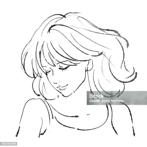Hand Drawn Monochrome Line Drawing Illustration Of A Simple Woman Stock