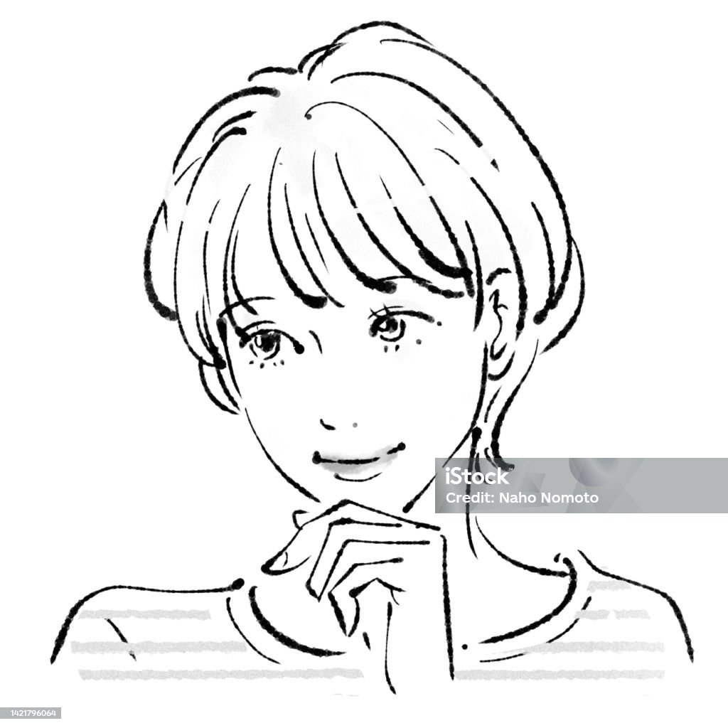 Hand Drawn Monochrome Line Drawing Illustration Of A Simple Woman Stock