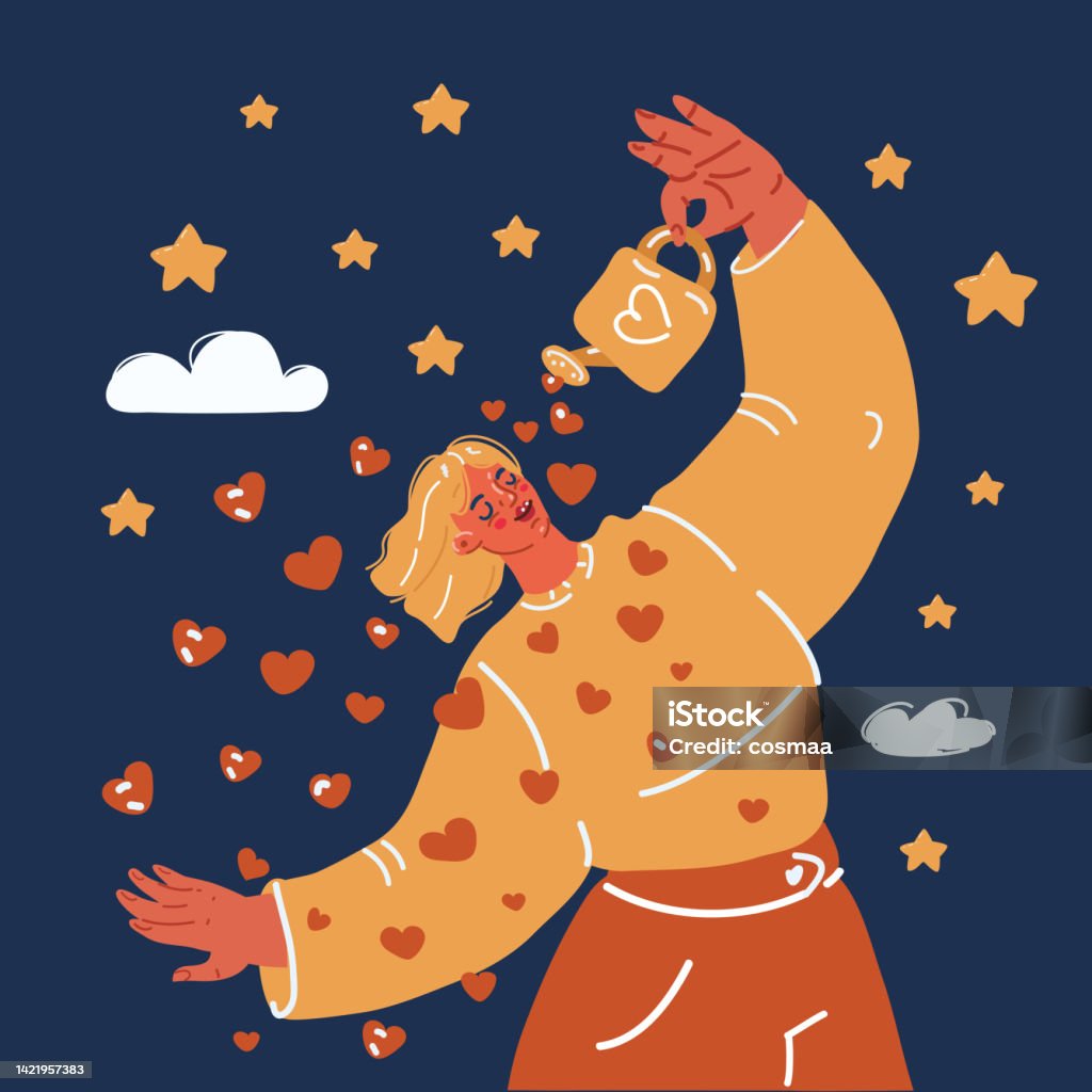 Cartoon Vector Illustration Of Love Yourself Woman Hugging Herself With