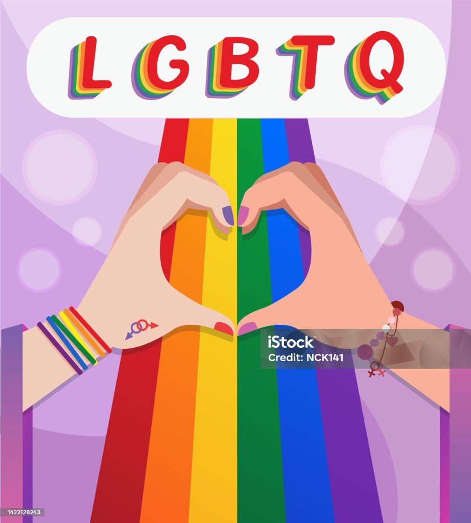 Lgbtqs Hands Shaping A Heart Symbol And Pride Flags Stock Illustration