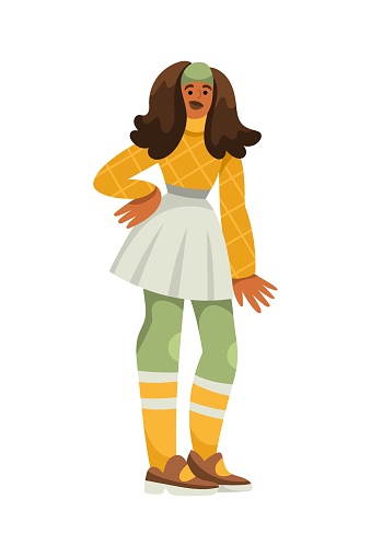 Ilustración De Alegres Mujeres Morenas Con Ropa Retro De La Década De 1960 De Pie Con Brazos