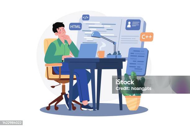Seorang Programmer Muda Yang Coding Di Laptop Ilustrasi Stok Unduh Gambar Sekarang Bekerja