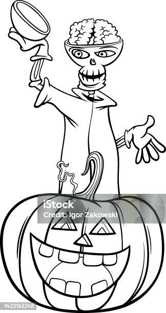 Kerangka Kartun Dengan Halaman Pewarnaan Labu Halloween Ilustrasi Stok ... Kerangka Kartun Dengan Halaman Pewarnaan Labu Halloween Ilustrasi Stok ...