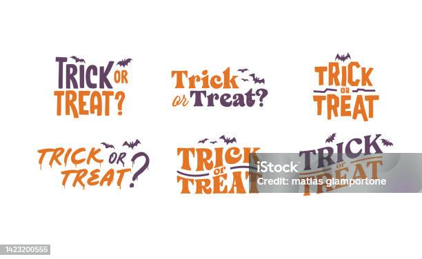 Trick Or Treat Desain Huruf Dengan Kelelawar Terbang Kartu Halloween