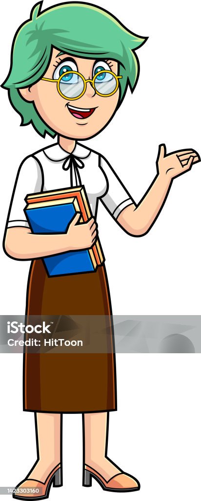 Female Teacher Cartoon Character Speak And Holding Textbooks Stok