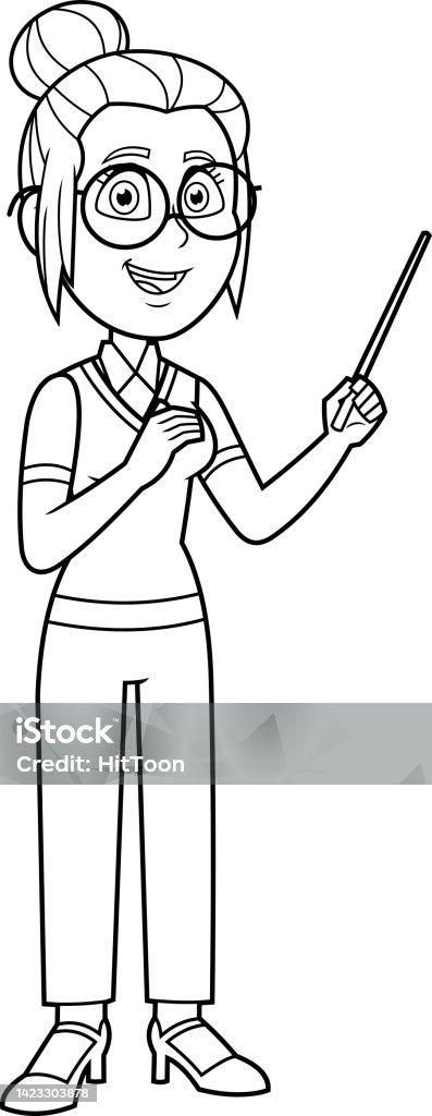 Outlined Female Teacher Cartoon Character Holding A Pointer And Speak