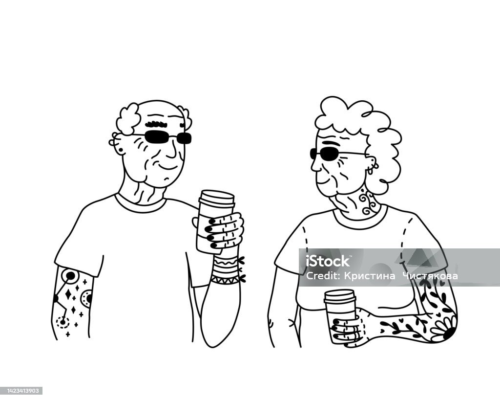 Vetores De Velhos Casais De Homens E Mulheres Com Tatuagem Bebendo Chá