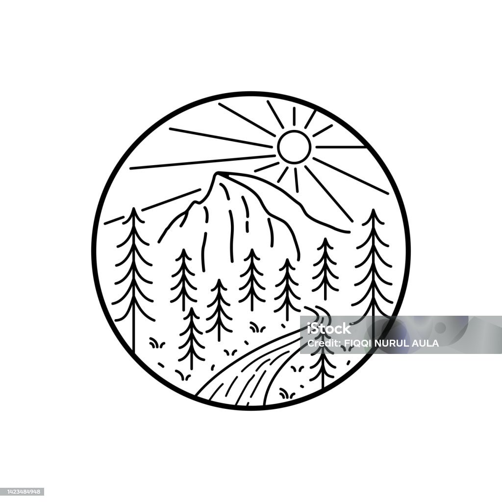 Vector Illustration Of Yosemite National Park In Mono Line Style Art