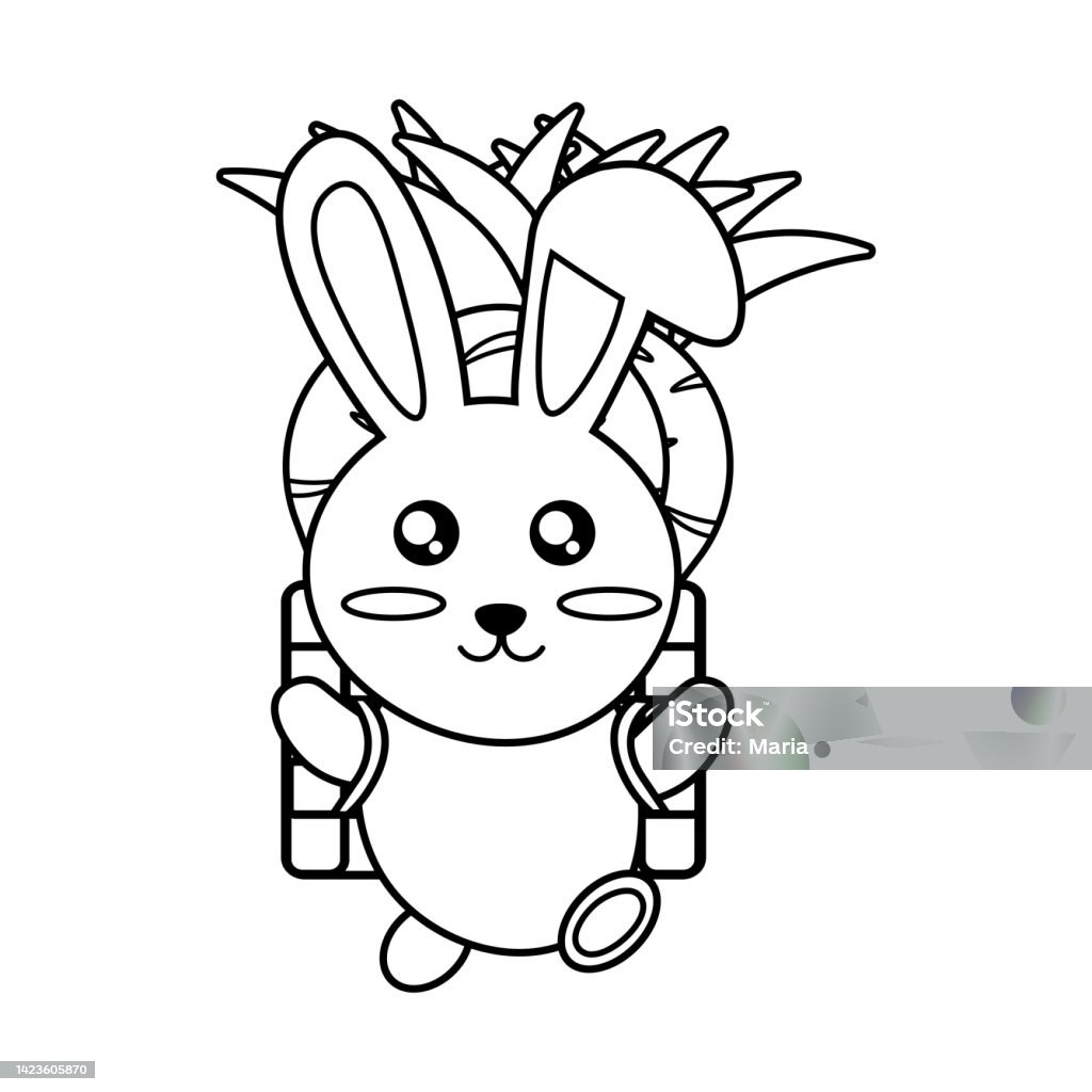 Le Lapin À Coloration Vectorielle Porte Un Panier Plein De Carottes