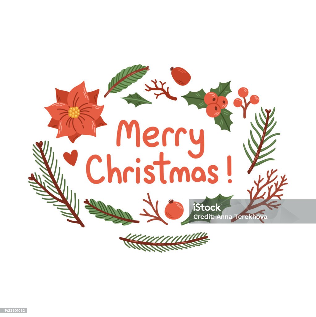 Merry Christmas Phrase With Wreath Lettering Isolated Vector