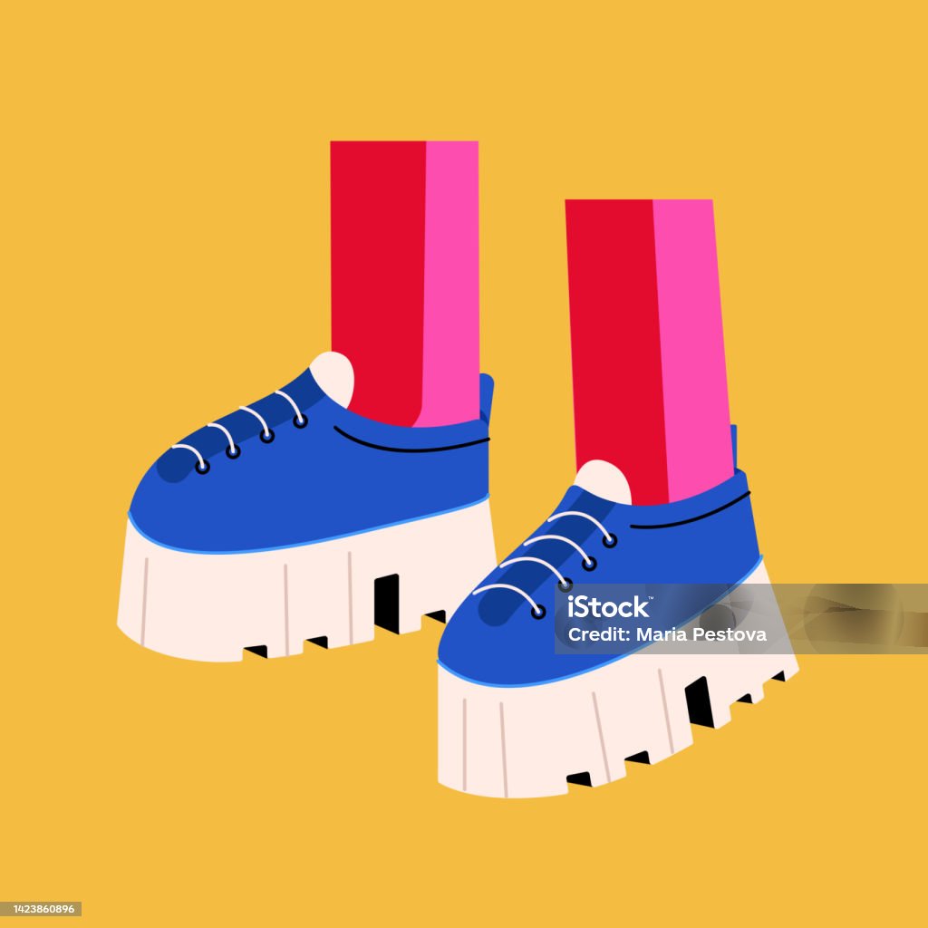 Sepatu Kets Biru Dengan Telapak Kaki Putih Di Kaki Ilustrasi Datar Sepatu Lari Ikon Untuk Toko