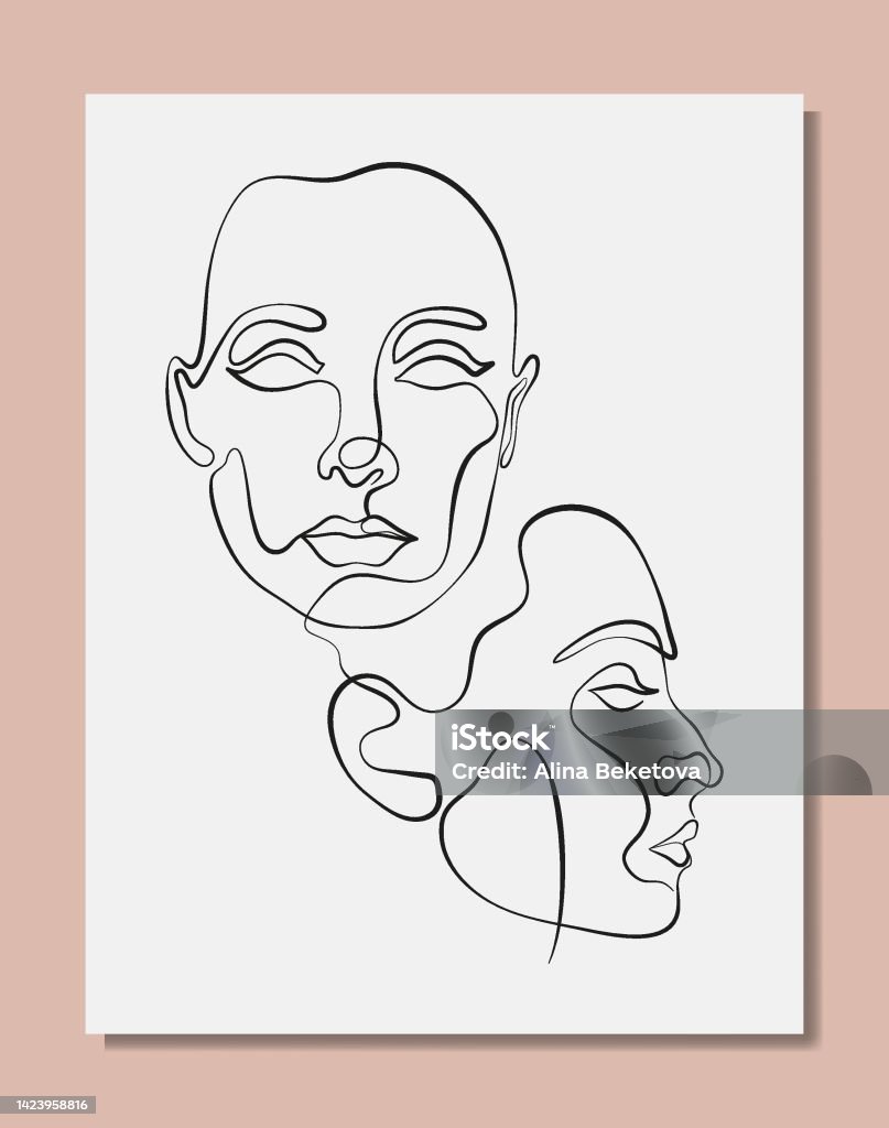 Vector Poster With Illustration Of Womens Line Art Face Stock
