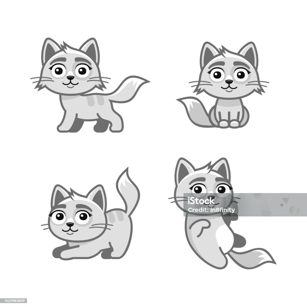 White Cute Cats Set In Different Poses Vector Stock Illustration