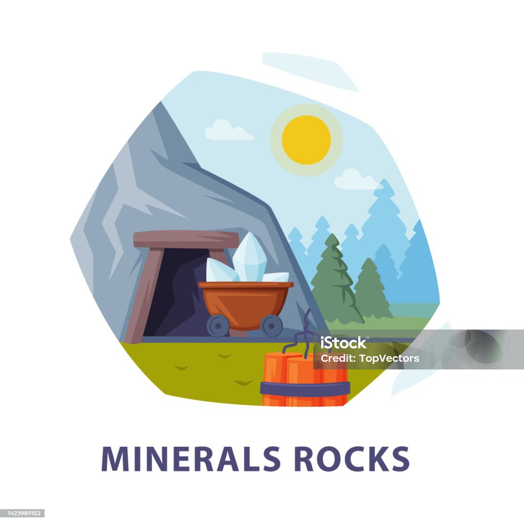 Natural Mineral Rocks Resource With Mining And Metal Extraction Hexagonal Shape Picture Vector