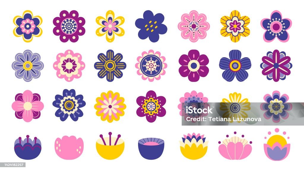 Fleurs Dimages Clipart Dessin Animé Mignon Stylisé Éléments Ornementaux