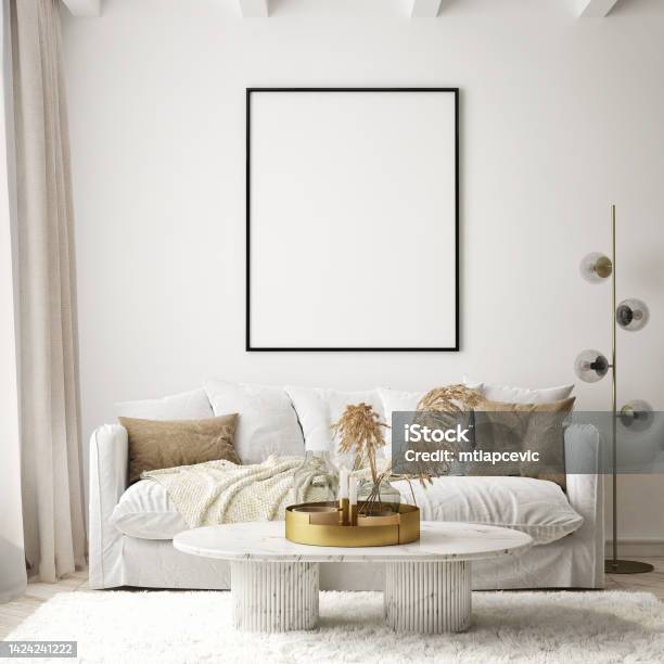 Bingkai Poster Mock Up Dengan Latar Belakang Interior Modern Ruang Tamu
