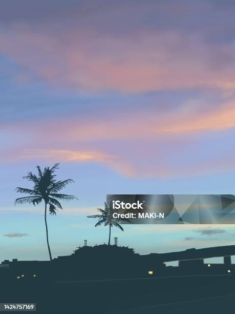 The Sunset Of Nostalgia With Palm Tree On Hawaii Island Stock