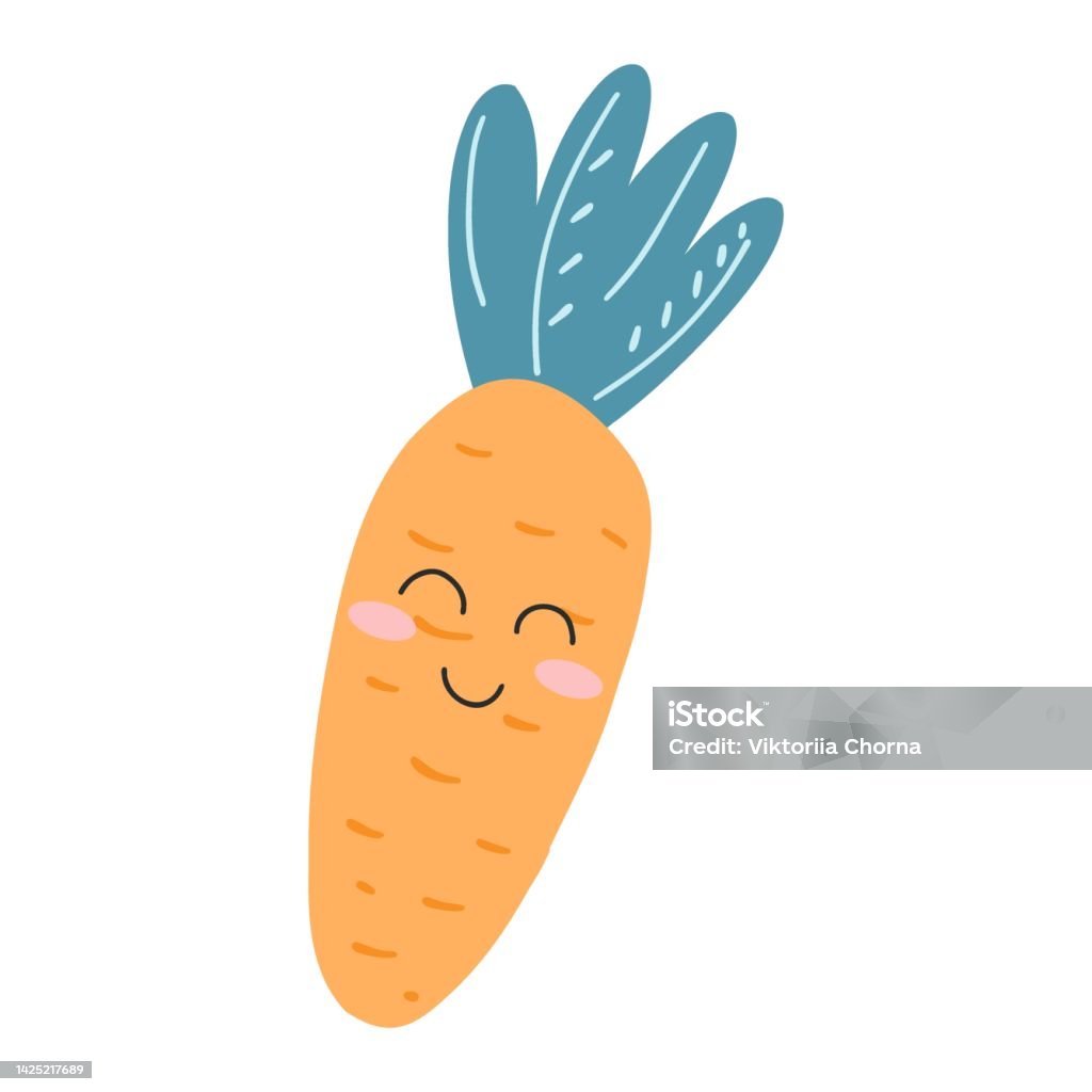 Cute Kawaii Carrot In Cartoon Flat Style Hand Drawn Vector Illustration