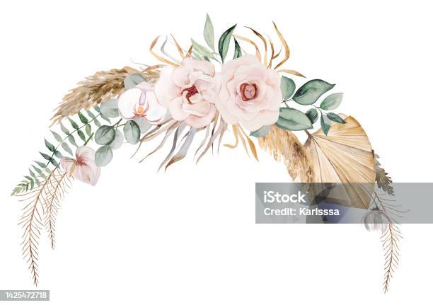 Couronne Daquarelle De Mariage Boho Avec Feuilles Tropicales Beiges Et