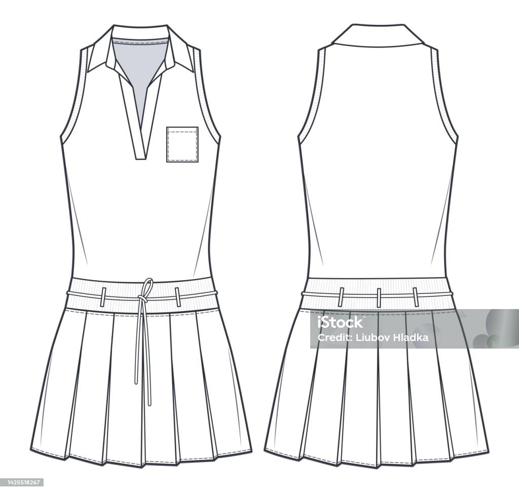 Pleated Mini Dress Technical Fashion Illustration Polo Shirt Dress