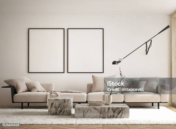 Bingkai Poster Mock Up Dengan Latar Belakang Interior Modern Ruang Tamu