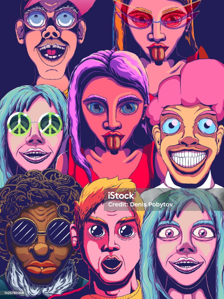 Hand Drawn Illustration Crowd Of People Group Selfie Stock Illustration