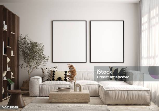 Bingkai Poster Mock Up Dengan Latar Belakang Interior Modern Ruang Tamu