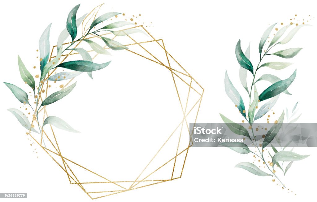 Geometrischer Goldener Rahmen Und Strauß Aus Grünem Aquarell ... Geometrischer Goldener Rahmen Und Strauß Aus Grünem Aquarell ...