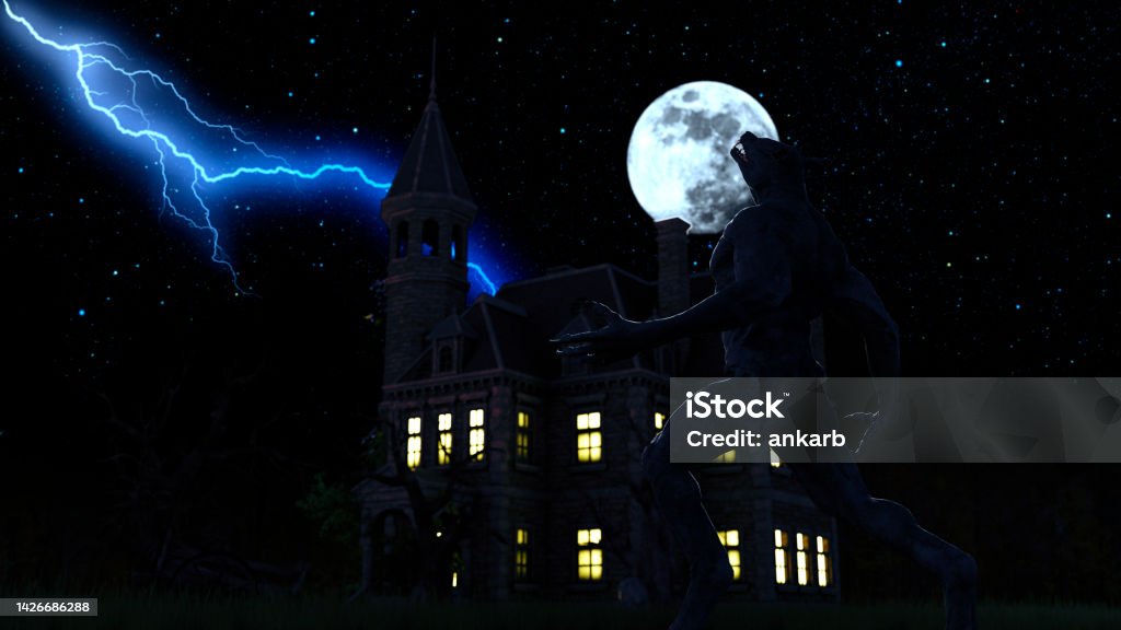 Illustration Of A Werewolf During The Full Moon Near A House In The