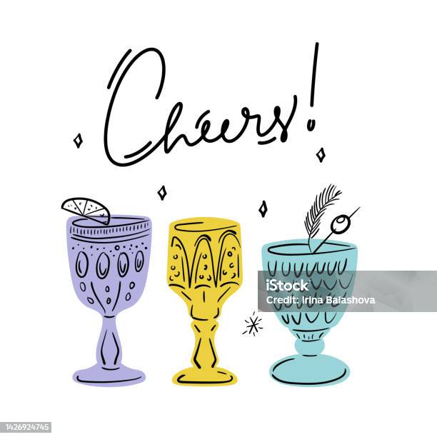 Cheers Huruf Dengan Kacamata Yang Digambar Tangan Dengan Coctails