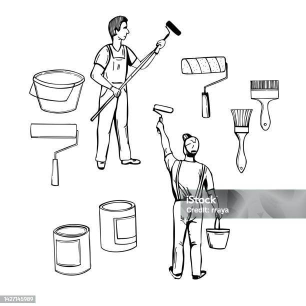 Peintre Et Outils Pour Peindre Les Murs Illustration De Lesquisse