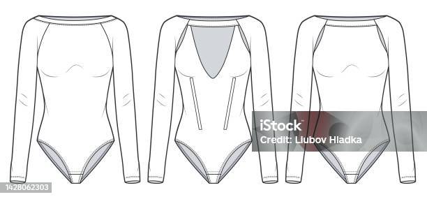 Womens Boat Neckline Bodysuits Technical Fashion Illustration Long