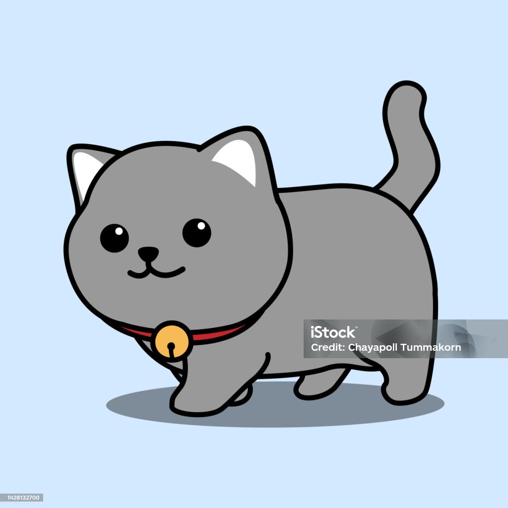 Cute Gray Cat Walking Cartoon Vector Illustration Stock Illustration