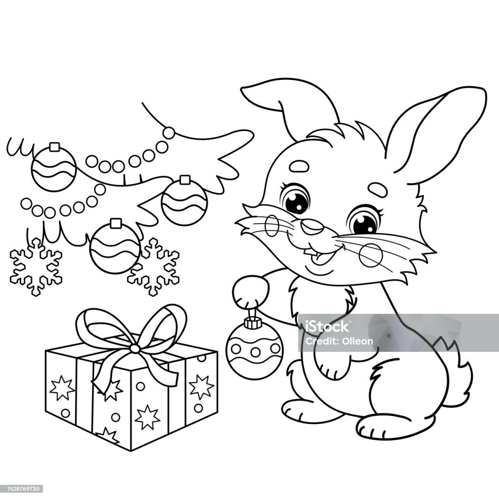 Coloring Page Outline Of Cute Bunny Or Rabbit And Christmas Tree With