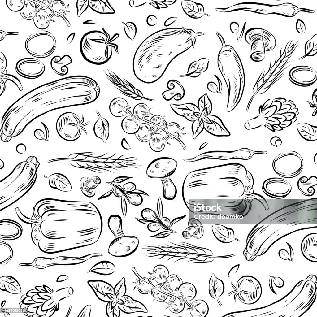 Hand Drawn Fruits And Vegetables Set Seamless Pattern Stock