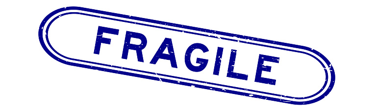 Grunge Bleu Mot Fragile Tampon De Sceau En Caoutchouc Sur Fond Blanc