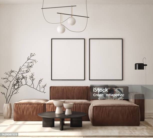 Bingkai Poster Mock Up Dengan Latar Belakang Interior Modern Ruang Tamu