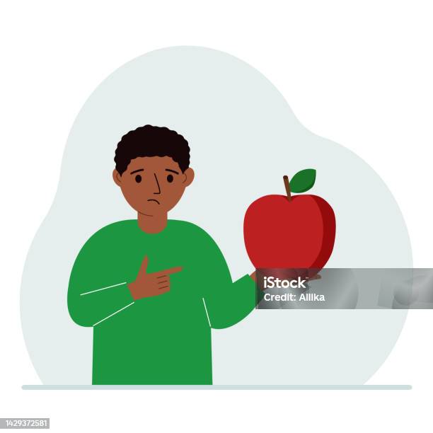 Ilustración De Un Niño Sostiene Una Manzana Fresca Y Roja En La Mano