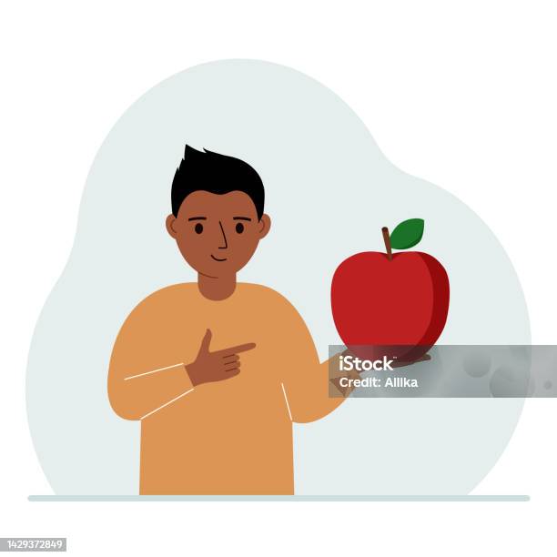 Ilustración De Un Niño Sostiene Una Manzana Fresca Y Roja En La Mano