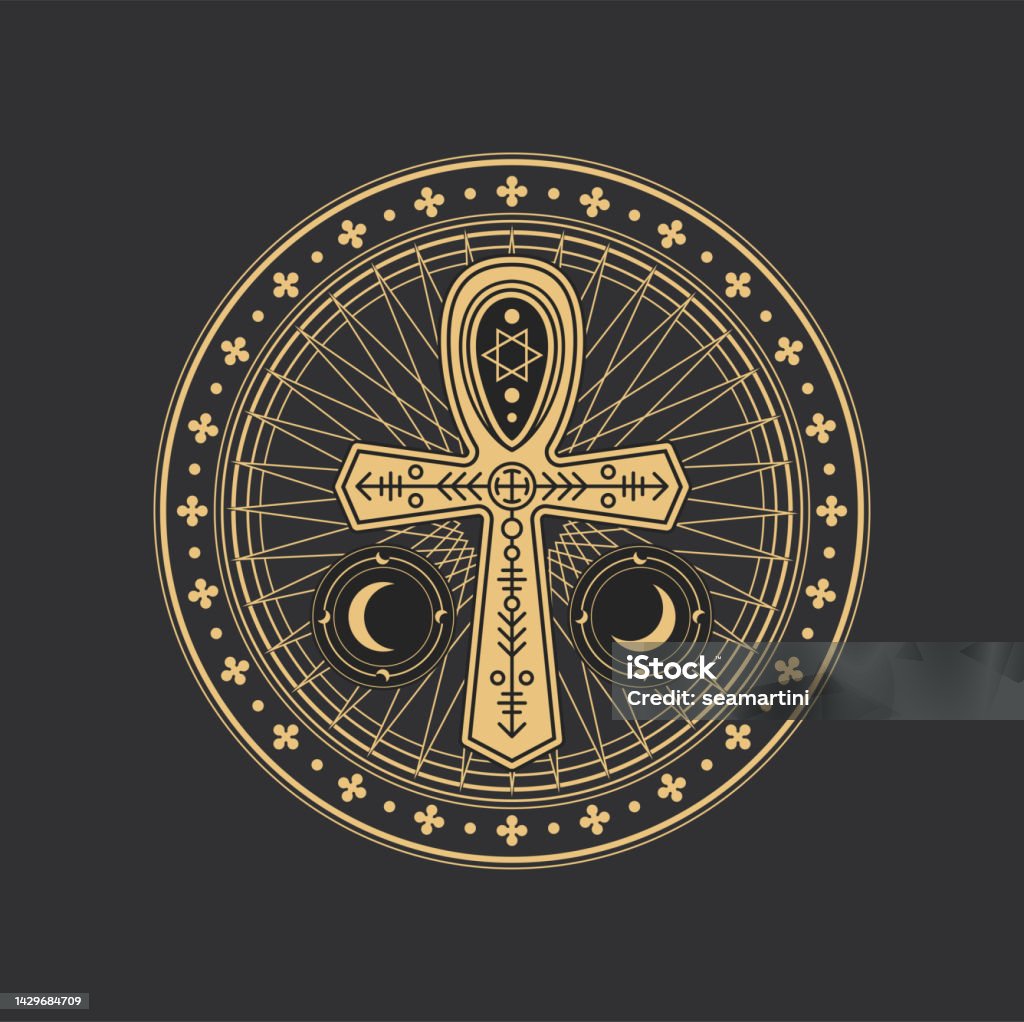Pentagram Occult Circle Symbol With Egypt Ankh Stock Illustration
