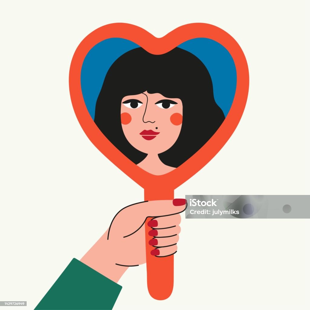 Vector Illustration With Beautiful Woman Looking In Red Heart Shaped