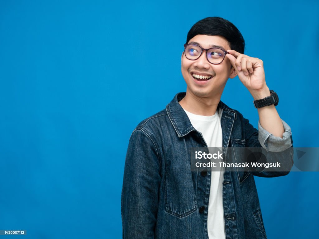 Cheerful Man Wear Glasses Happy Smile Turn Around To Looking Blue