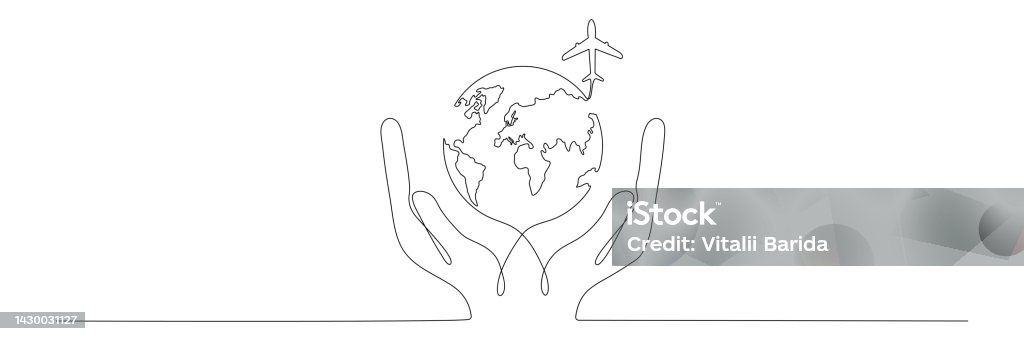 Human Hands Holding Earth Globe With Flying Airplane Continuous Line